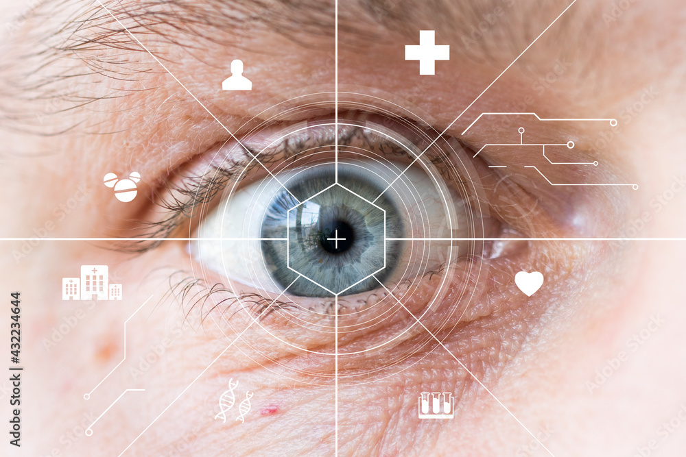 Eye monitoring and treatment in healthcare. Biometric scan virtual of ...