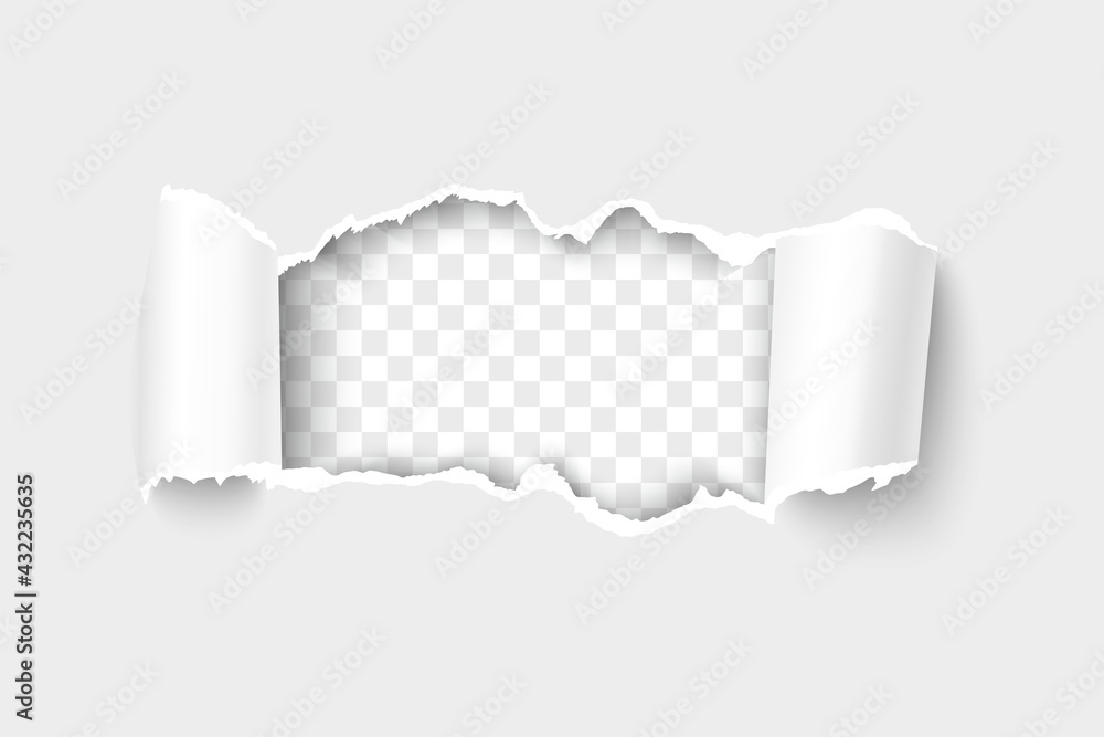 Torn snatched window in sheet with curl sides isolated on transparent ...