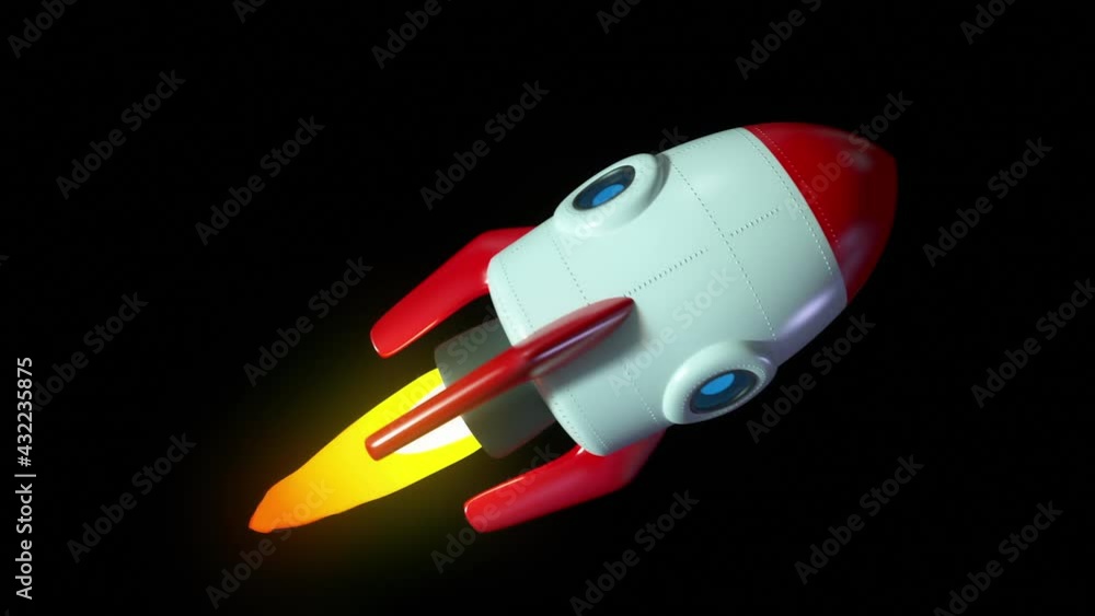 Cartoon rocket flies on black background. Startup new business project ...