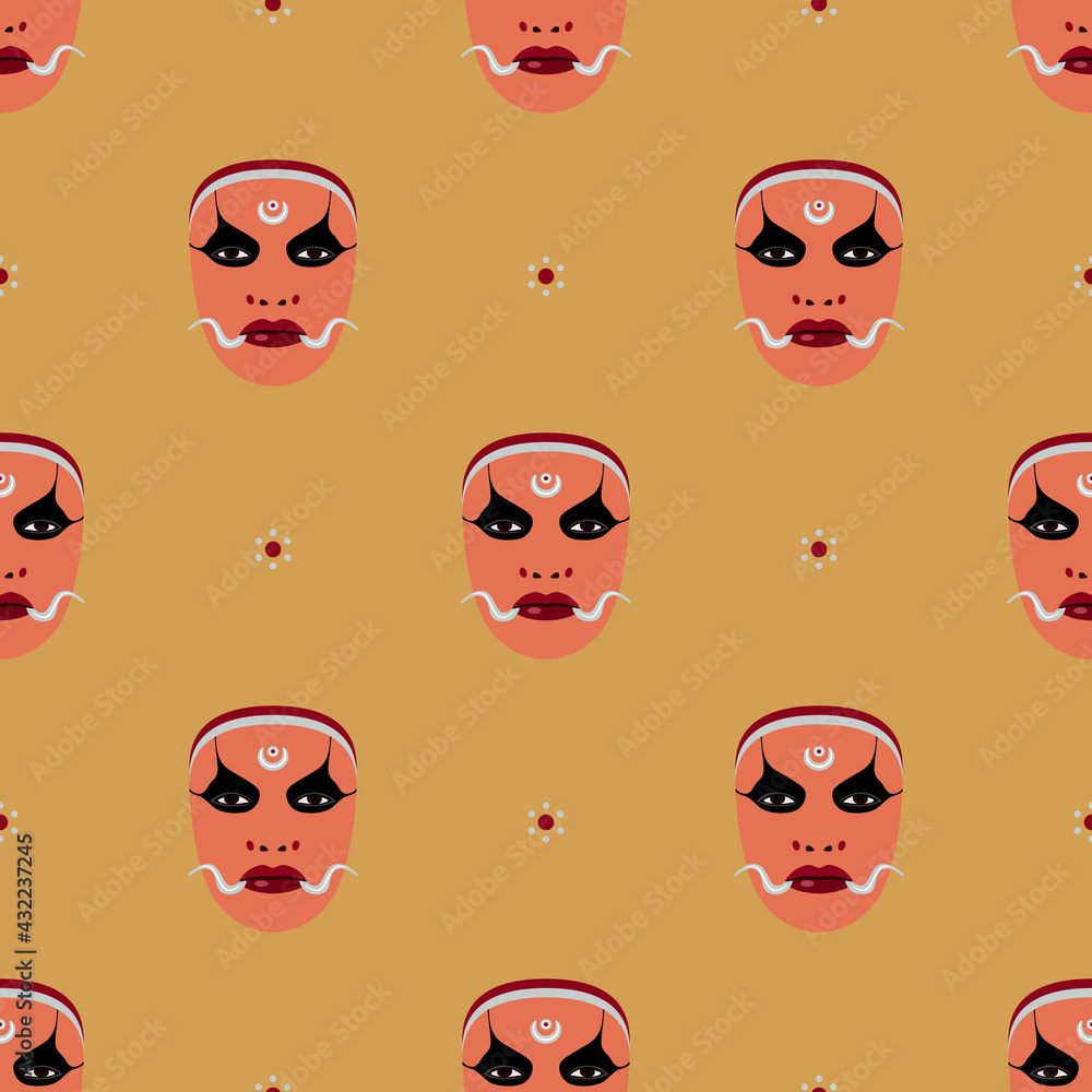 Seamless ethnic pattern with human faces or masks. Indian folk theater ...