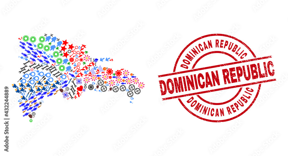 Dominican Republic map collage and textured Dominican Republic red ...