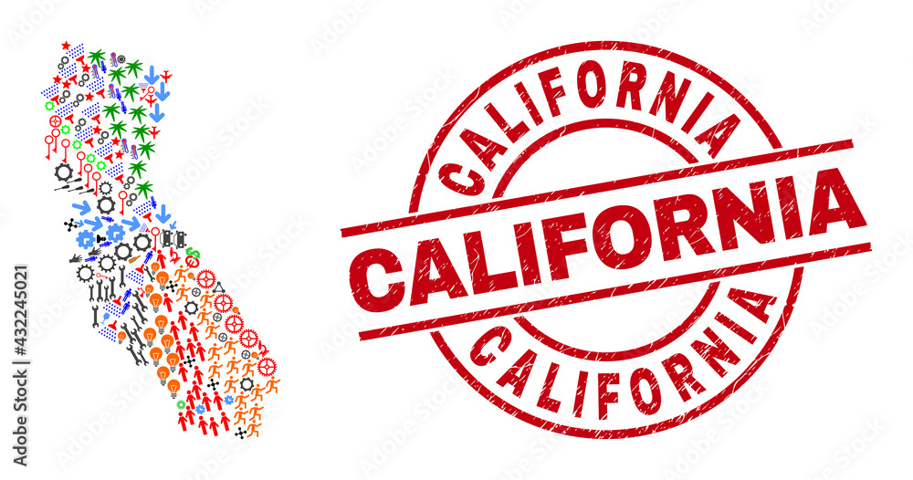 California State map collage and California red round stamp seal ...