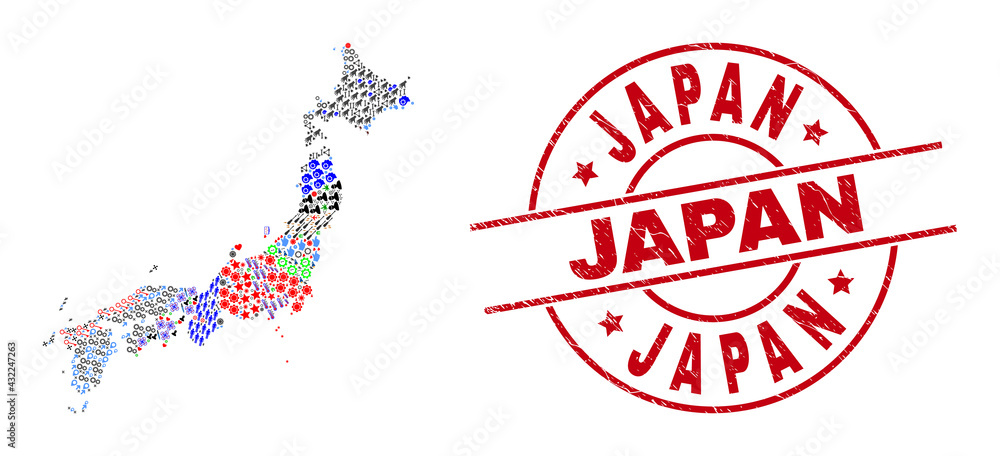 Japan map collage and dirty Japan red circle seal. Japan badge uses ...
