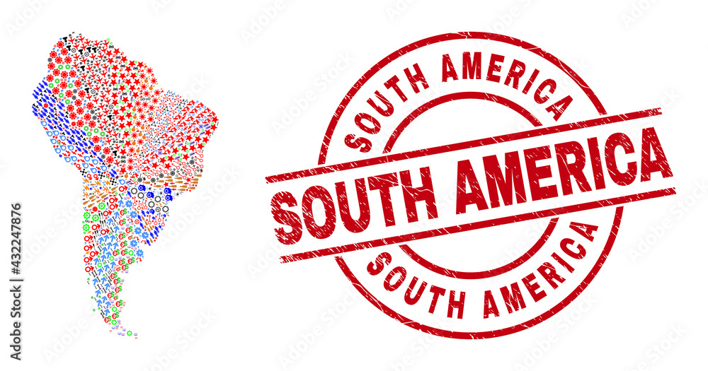 South America map collage and South America red round stamp seal. South ...