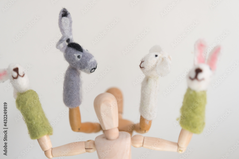 two artist's manikins (mannikins) posing with rabbit, sheep, and donkey ...