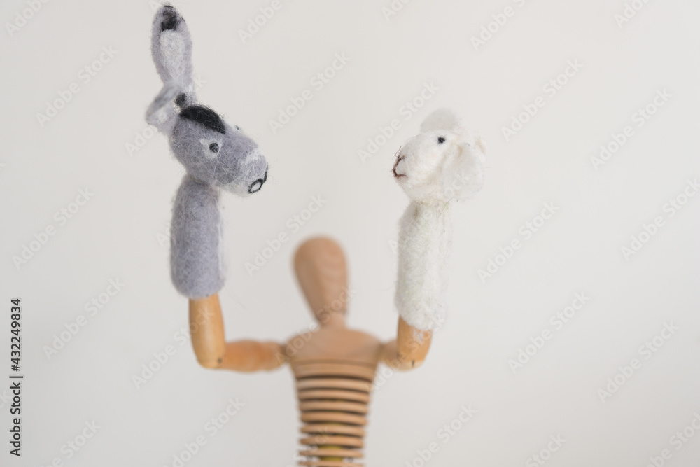 artist's mannikin or manikin posing with mule or donkey and sheep ...