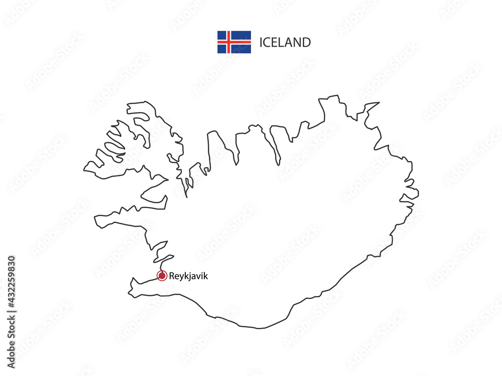 Hand draw thin black line vector of Iceland Map with capital city ...