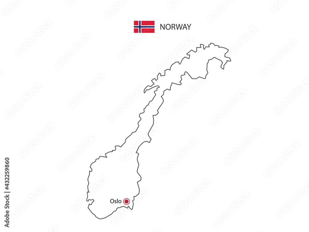 Hand draw thin black line vector of Norway Map with capital city Oslo ...