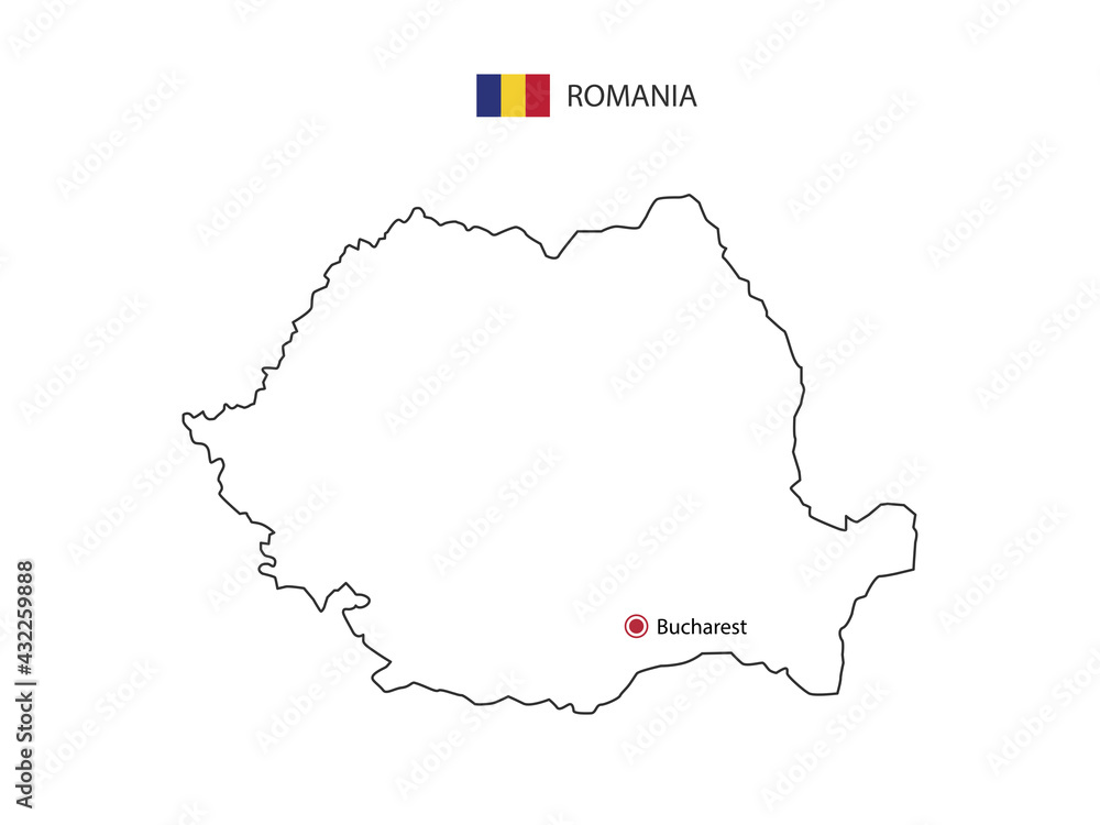 Hand draw thin black line vector of Romania Map with capital city ...