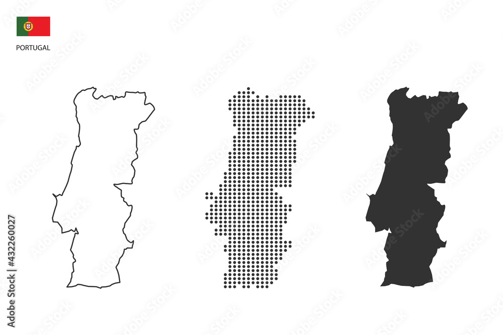 3 versions of Portugal map city vector by thin black outline simplicity ...