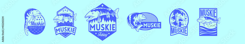 set of muskie fish logo cartoon icon design template with various ...