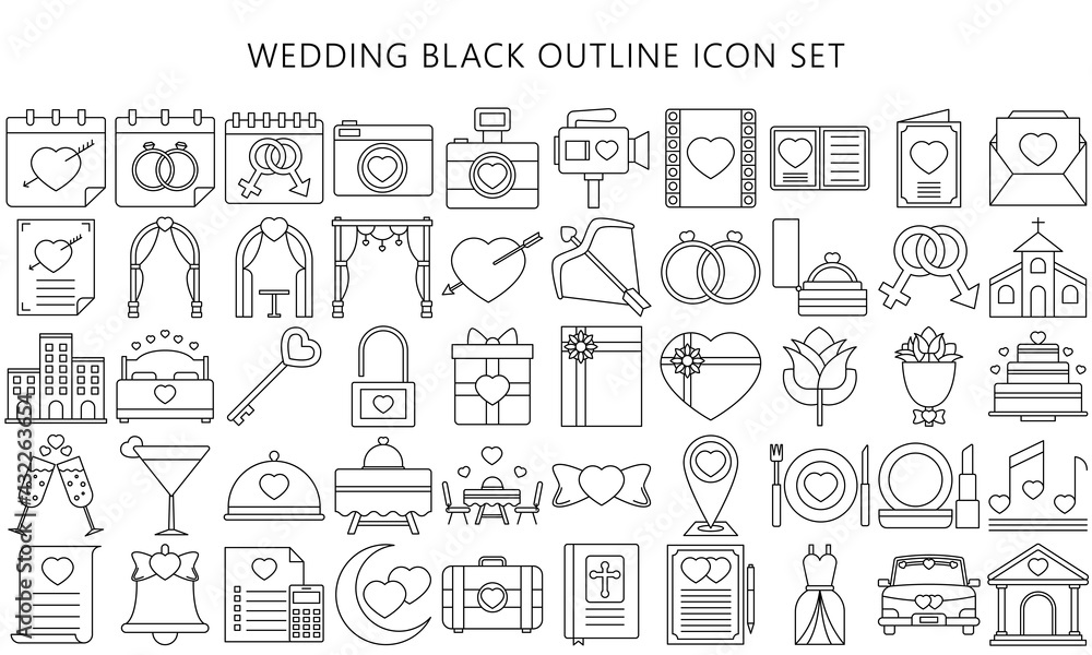 Collection of wedding thin line icons set, include decorations ...