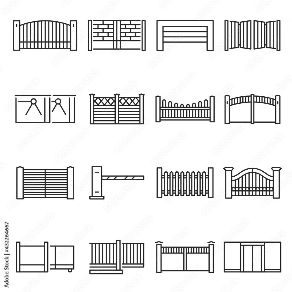 Monochrome gates and fences icon set vector illustration. Outline ...
