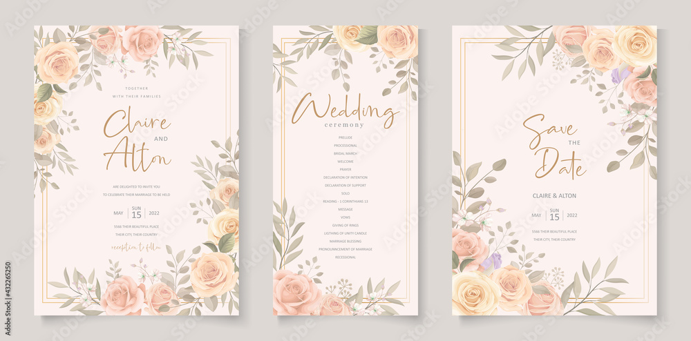 Set of elegant wedding card template with hand drawn floral decoration ...