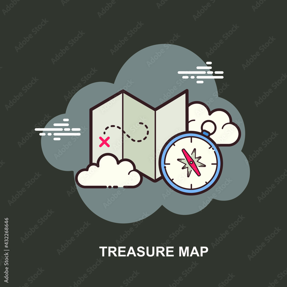 Treasure map with location map with stop watch flat concept design ...