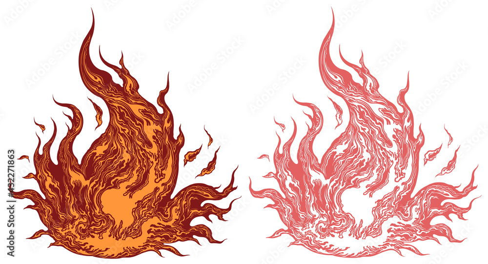 Flame. Hand drawn engraving. Editable vector vintage illustration ...