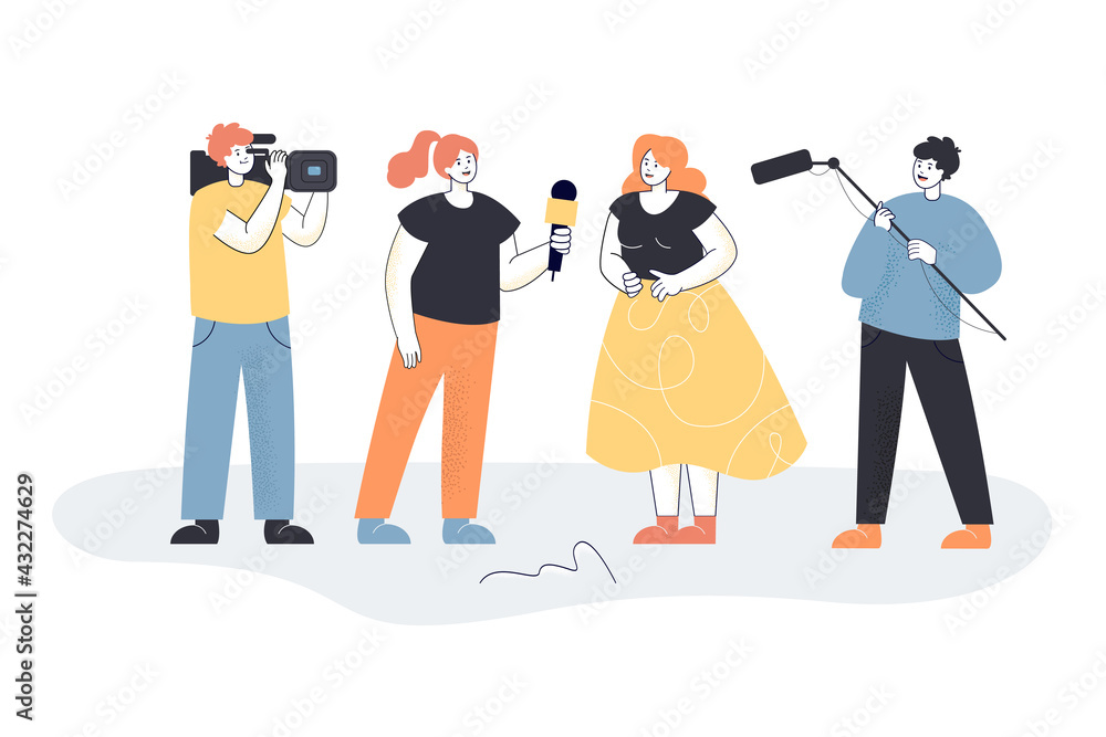 Female journalist interviewing woman. Cartoon character with microphone ...