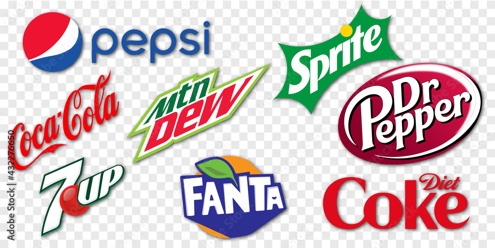 Vinnytsia, Ukraine - May 6, 2021: Set of 8 Soft Drinks: Pepsi, Coca-Cola, Sprite, Fanta, Dr ...