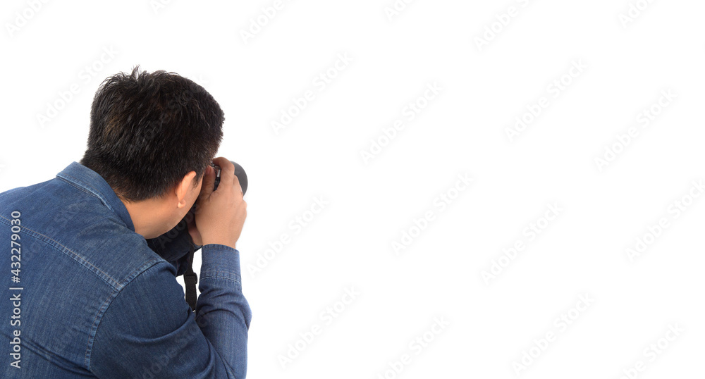 Back view professional photographer holding camera working. Photography ...