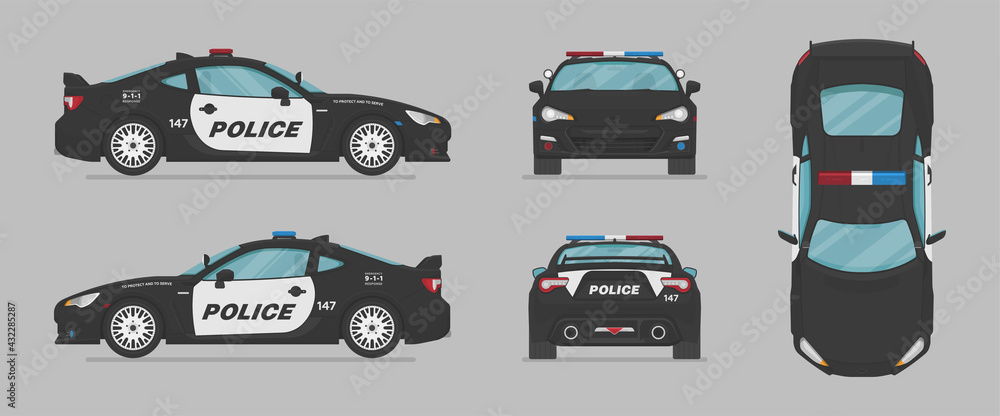 American police sport car. Side view, front view, back view, top view ...
