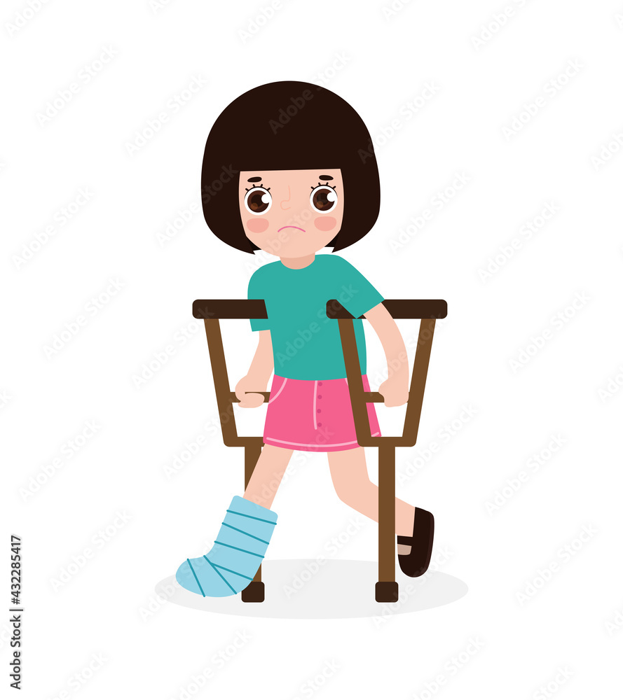 asian sad kid injured with broken leg in gypsum. little children ...