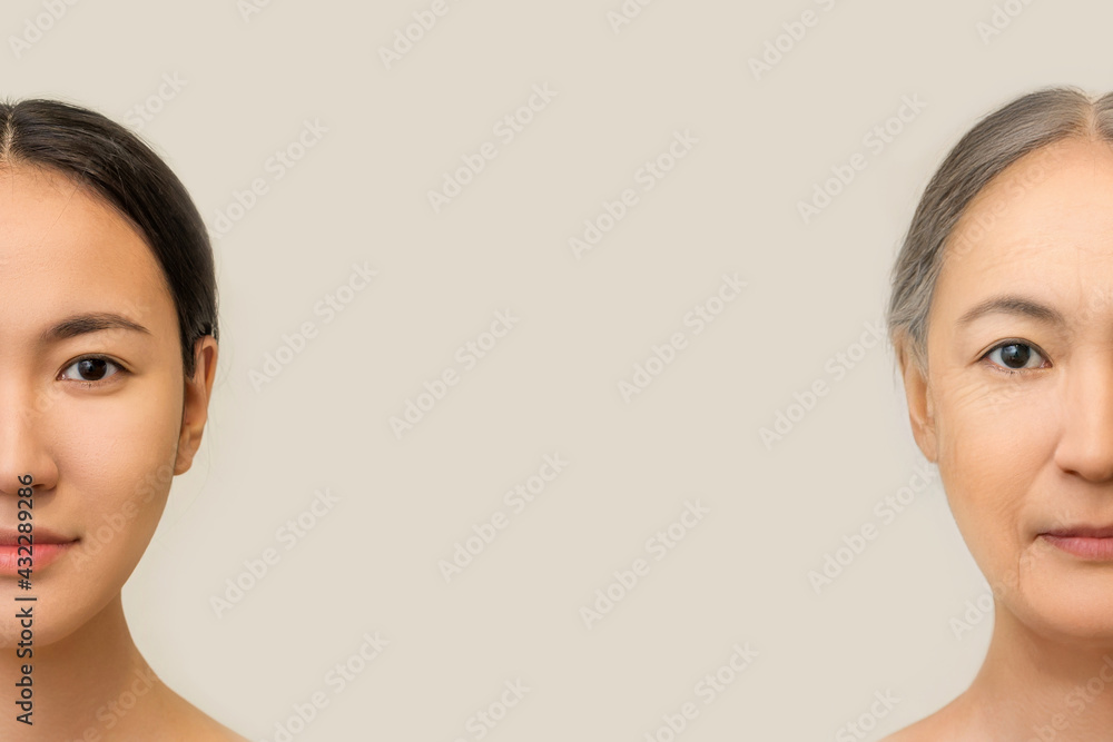 the two halves of the face of a young and old Asian woman before after ...