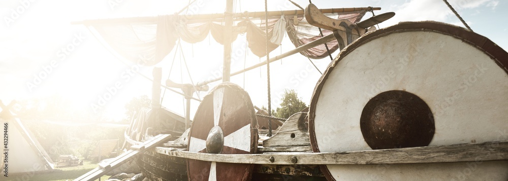 Old wooden viking snekkja longship type, close-up. Nautical vessel ...