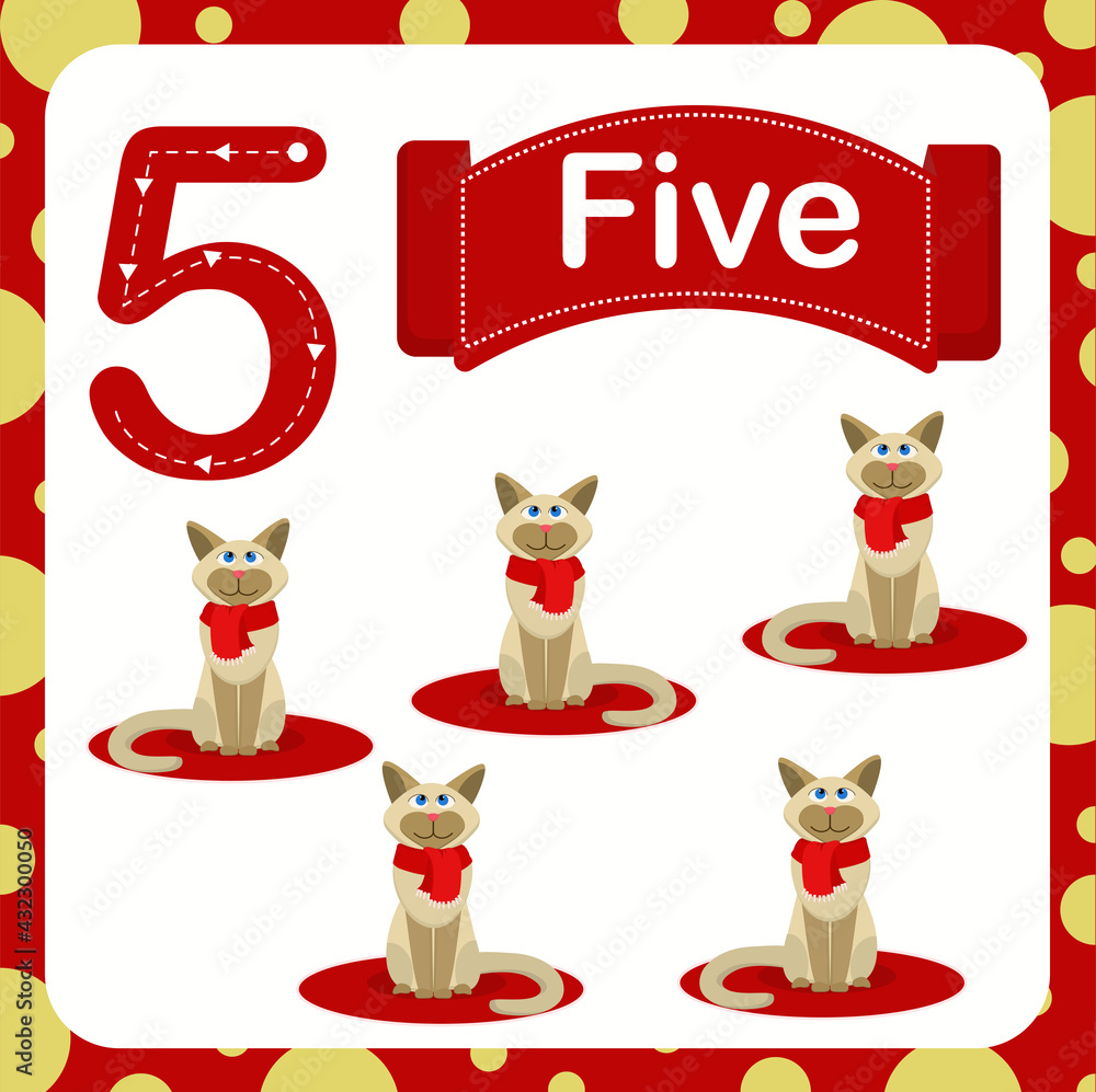 vector illustration of a children's card with number five. The ...