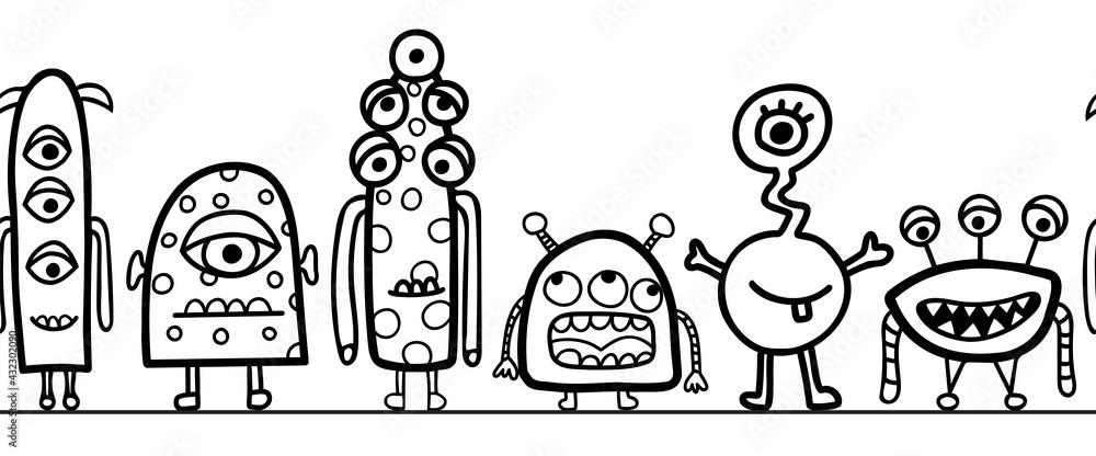 Seamless monster border vector. Repeating cute aliens and monsters ...