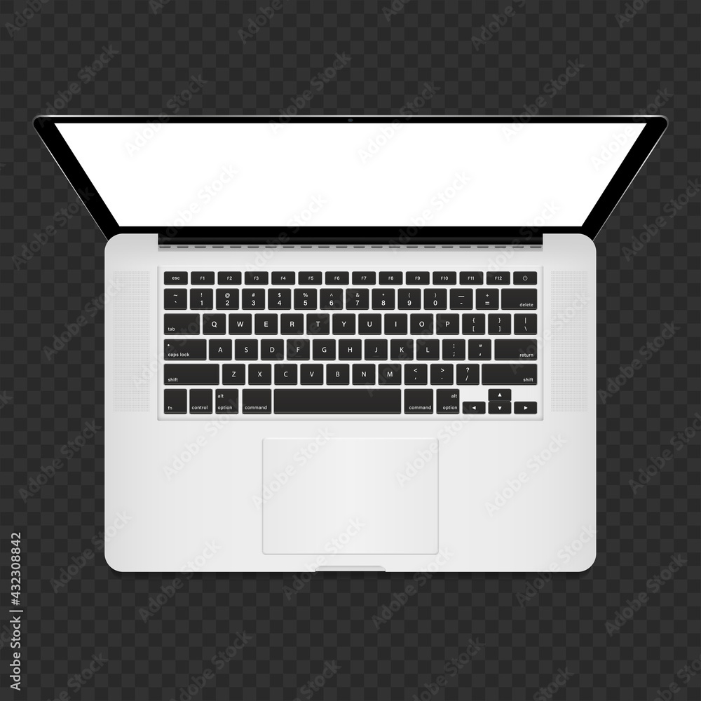 Realistic Silver Laptop Computer. Top down view, Keyboard, blank screen ...