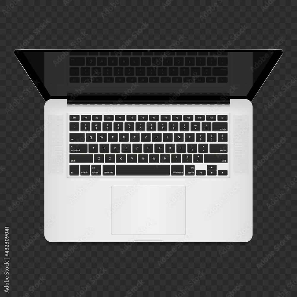 Realistic Silver Laptop Computer. Top down view, Keyboard, reflection ...