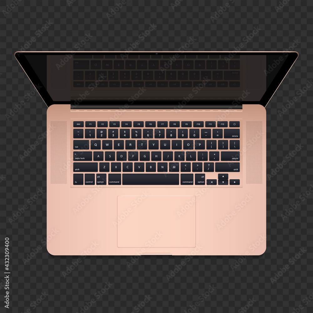 Realistic Gold Laptop Computer, Top down view, Keyboard, reflection on ...