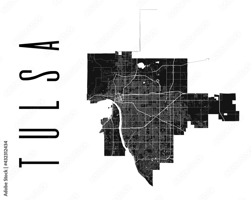 Tulsa map. Detailed map of Tulsa city poster with streets. Cityscape ...