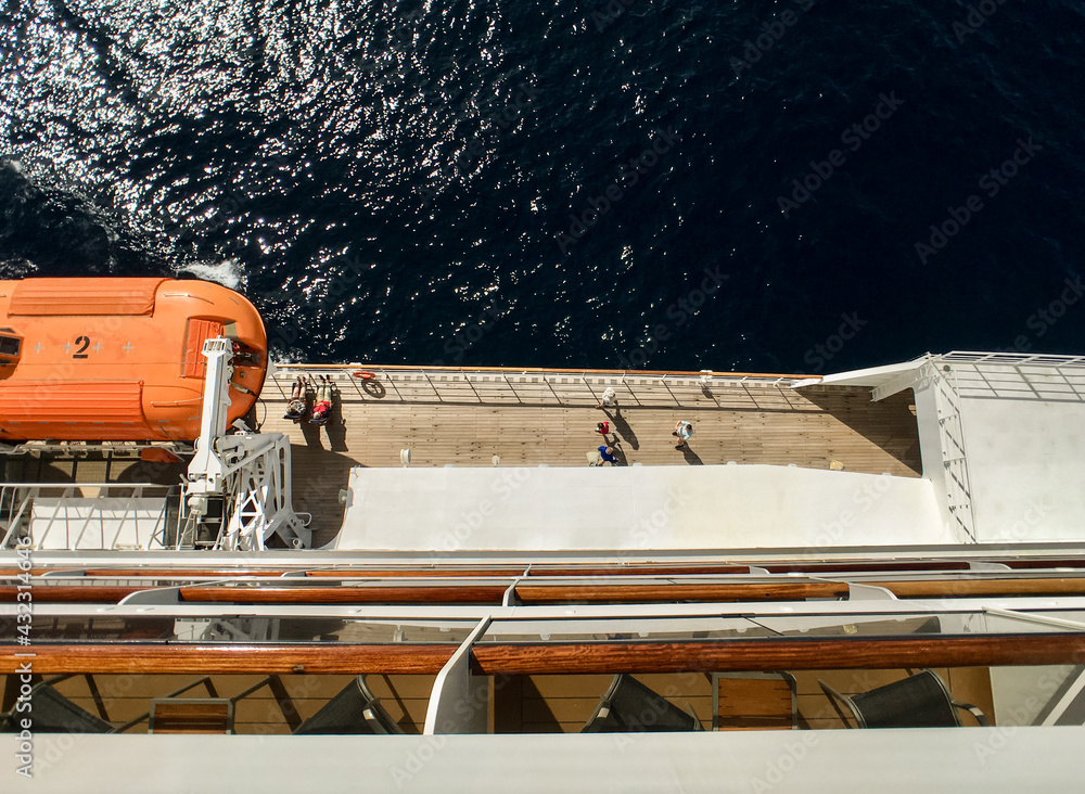 View over side hull superstructure of legendary ocean liner QM2 Queen ...