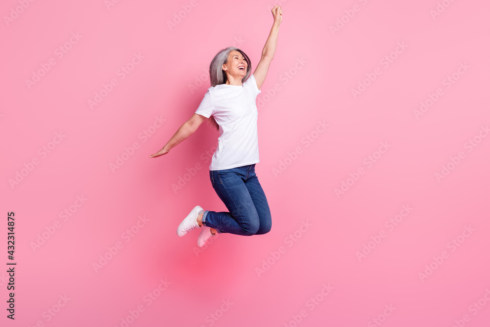 Full length body size view of pretty lucky cheerful grey-haired woman ...