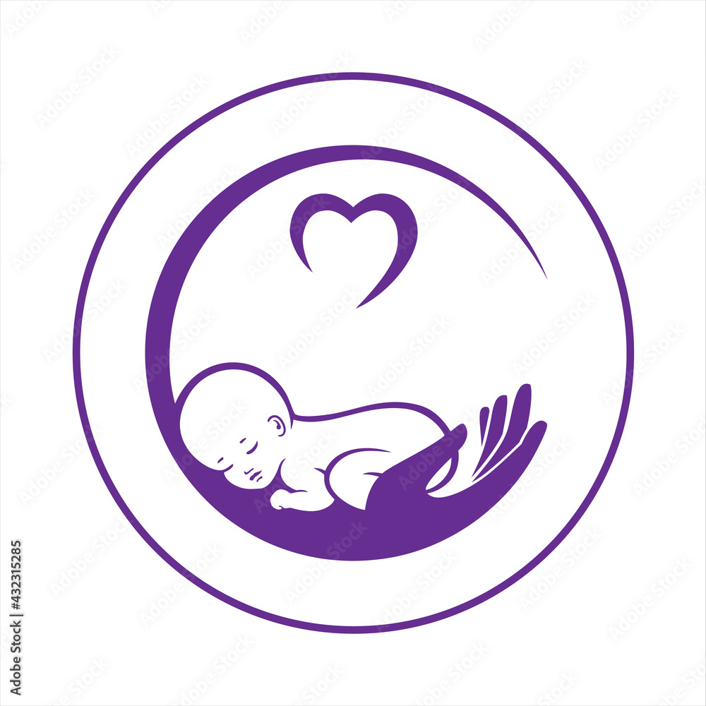 baby sleeping in hand. Logo of baby care, family love, protection ...