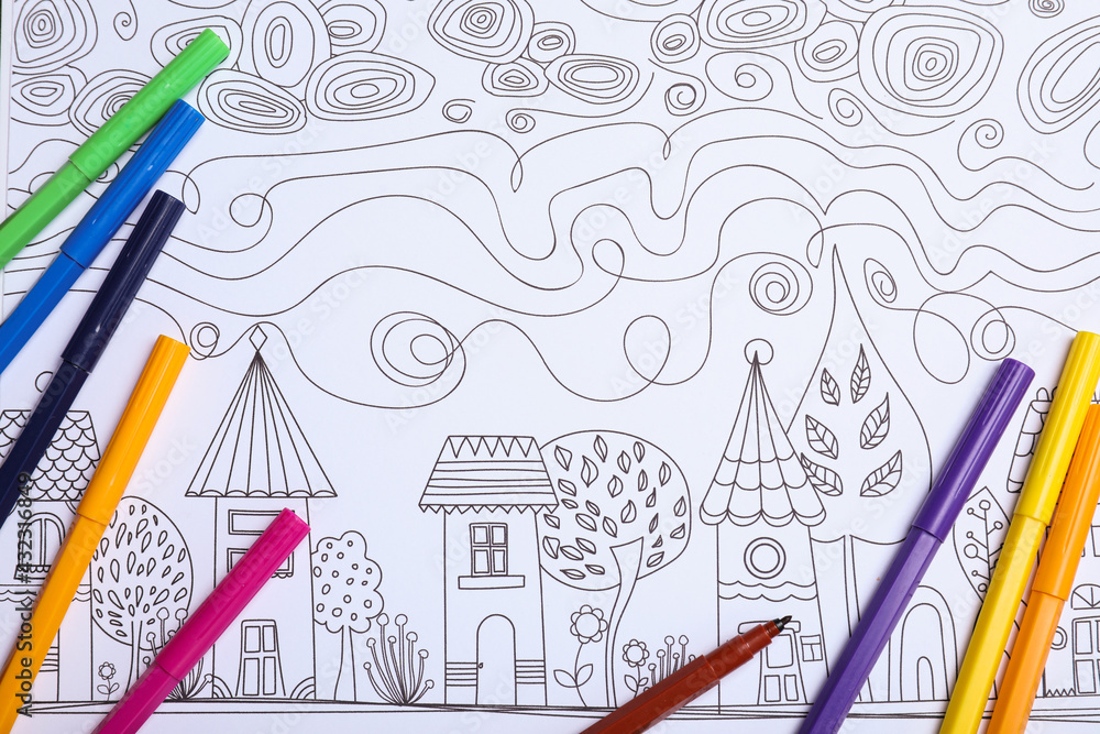 Felt tip pens on antistress coloring page, top view Stock Photo | Adobe ...