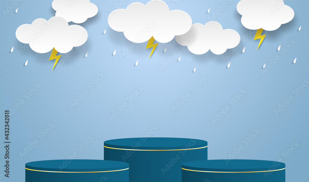 Rainy season theme product display podium. Design with clouds and ...