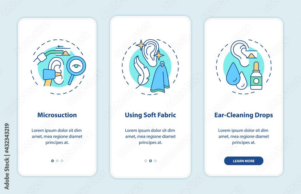 Ear hygiene methods onboarding mobile app page screen with concepts ...