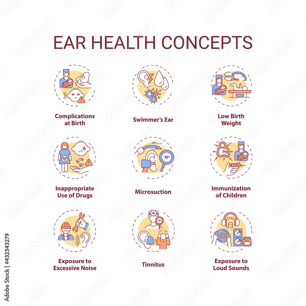 Ear health concept icons set. Hearing loss prevention idea thin line ...