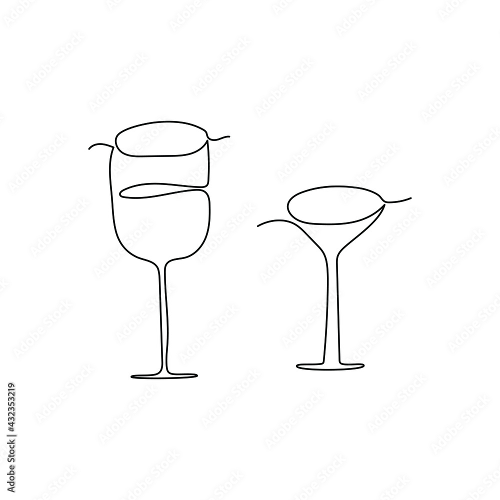 Continuous line drawing of two glasses. Minimalist vector illustration ...