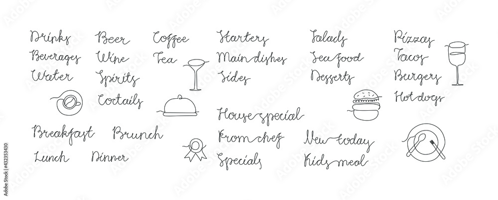 Big set of continuous line drawing text for menu for restaurants, bars ...