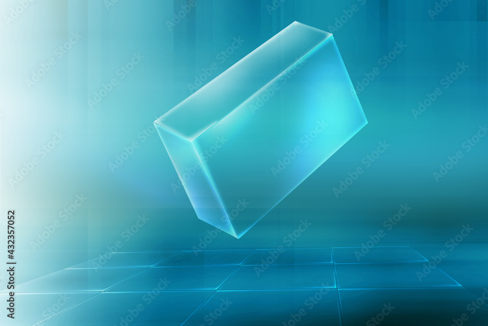 3D rendering of a virtual box on a transparent grid floor with ...