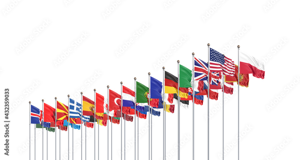 The 30 waving Flags of NATO Countries - North Atlantic Treaty. Isolated ...