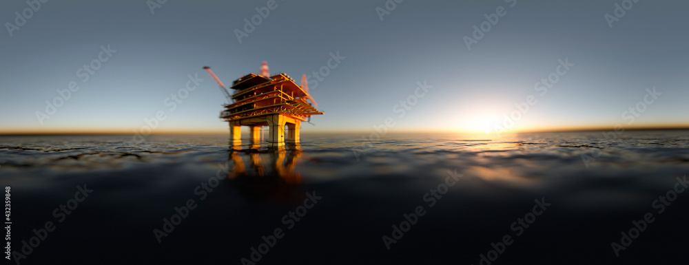 Large off shore oil rig platform in the ocean at sunset 3d render Stock ...