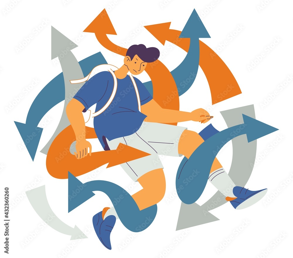 Kid in stress lost in arrows. ADHD concept illustration about school ...