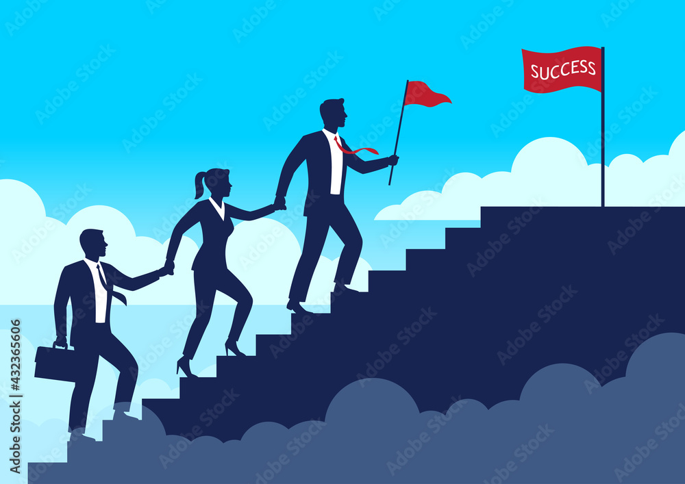 Silhouette leader businessman and team walking up staircases to the top ...