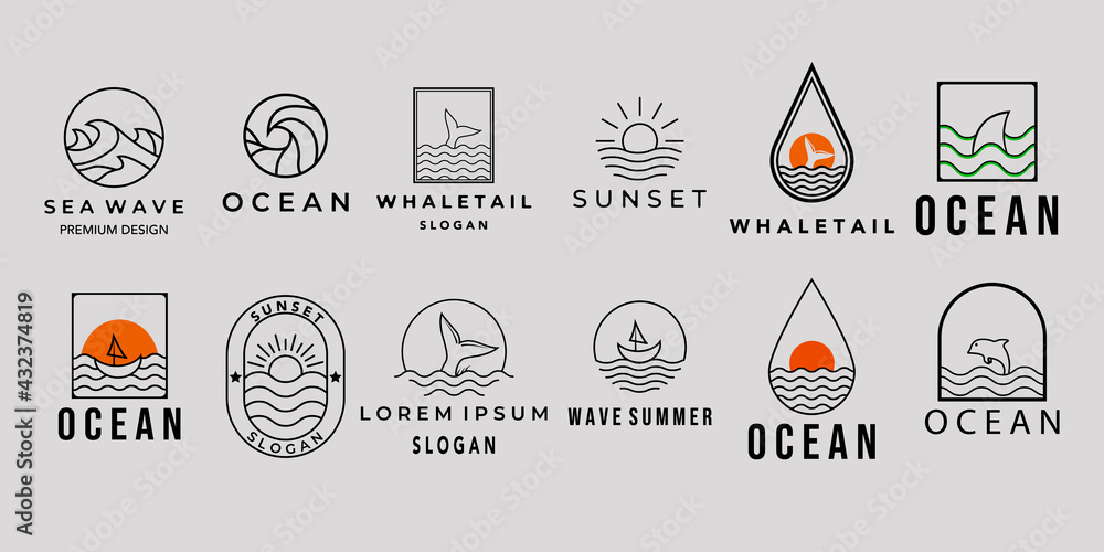 set of ocean or wave line art minimalist simple vector logo icon ...