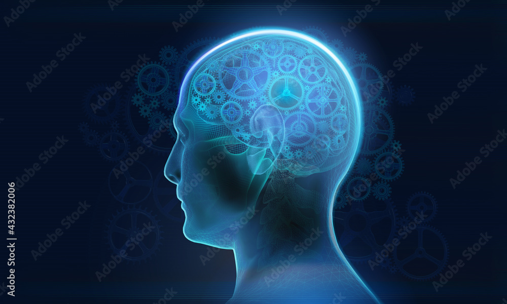 Profile of a man with visible brain made of various cogwheels. Creative ...