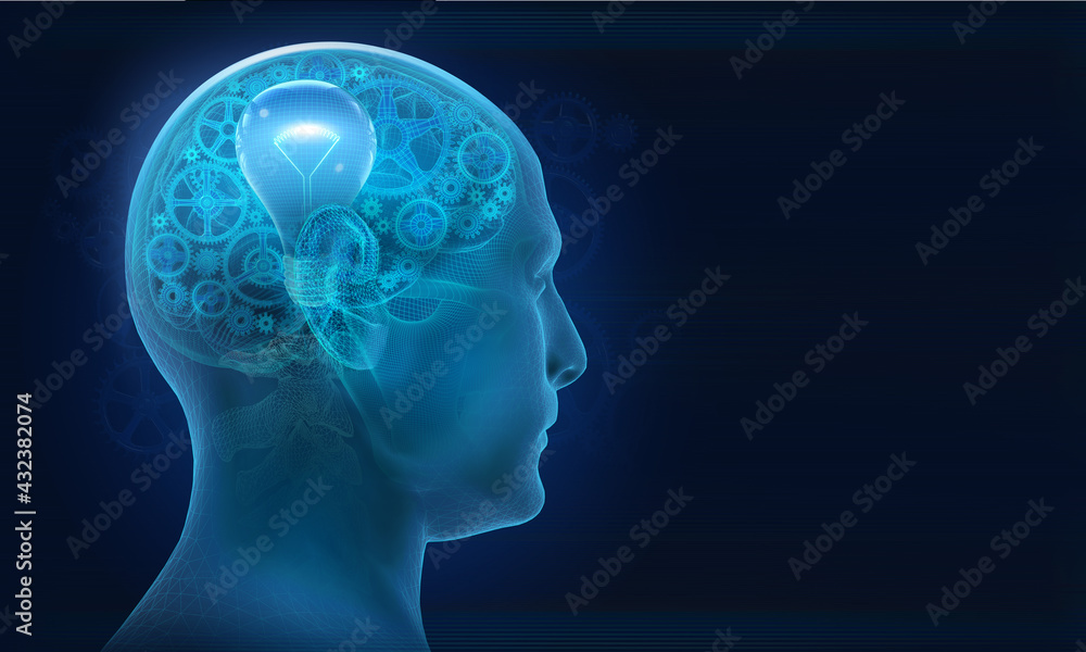 Profile head of a man with a visible brain made of cogwheels and a lit ...